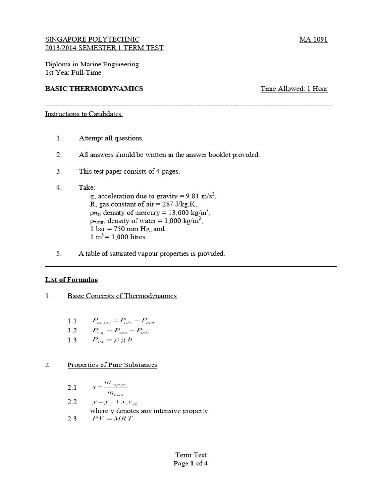 Ma1091 - Term Test 1314 - Semester 1 | PDF | Pressure | Density