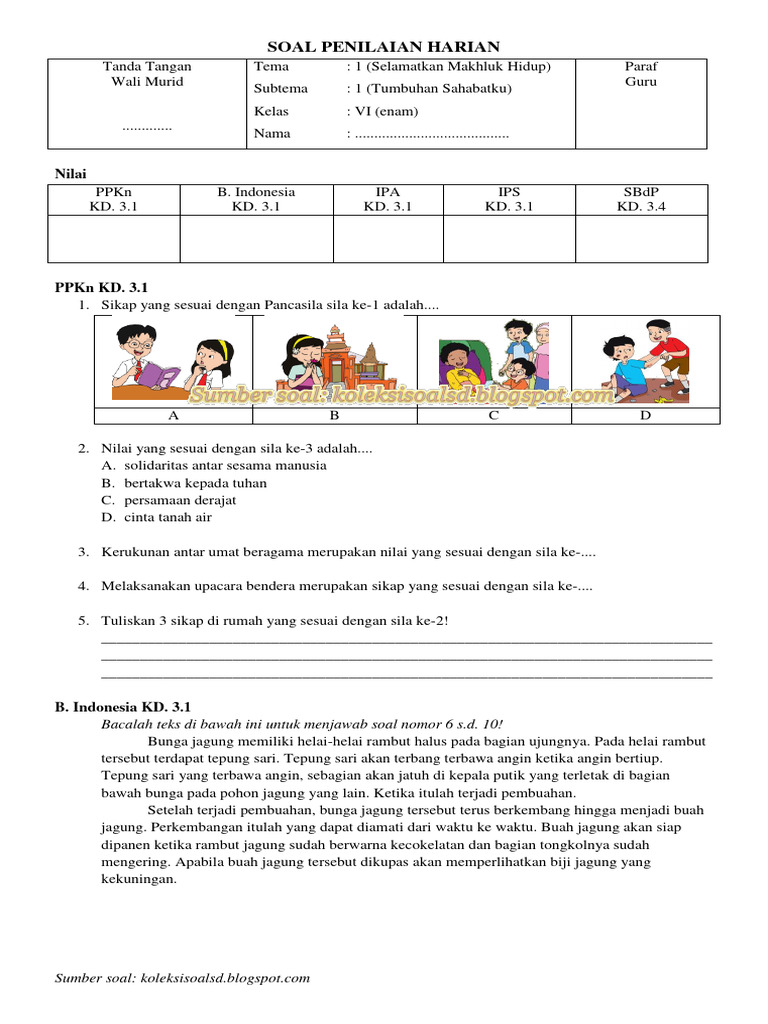 Soal Penilaian Harian Kelas 6 Tema 1 Subtema 1 | PDF | Olahraga & Rekreasi | Kajian Bahasa Asing