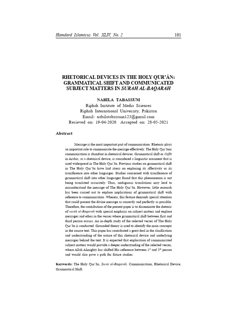 Rhetorical Devices in The Holy Qur'an Grammatical Shift and ...