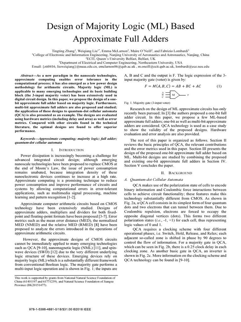 Majority Logic (ML) Based: Design of Approximate Full Adders | PDF | Logic Gate | Electronics