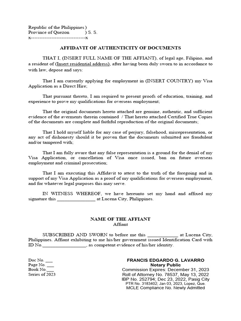 Affidavit of Authenticity of Document | PDF | Affidavit | Justice