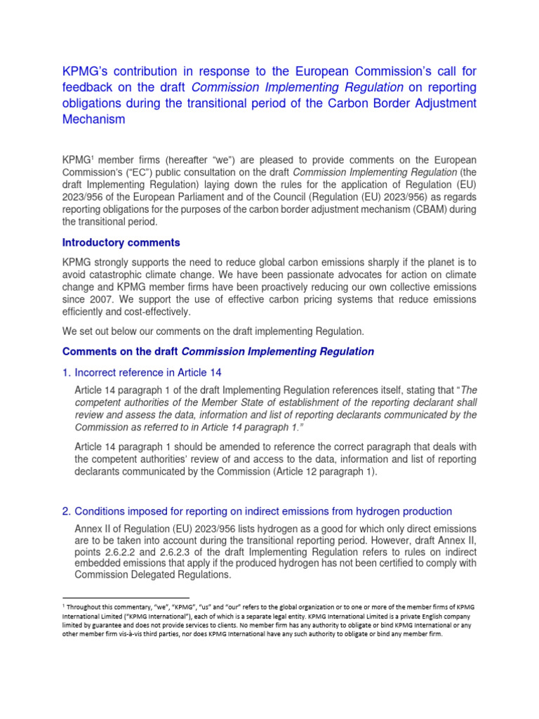 KPMG Response - EU Draft implementing regs for transitional reporting period-CBAM-July2023 | PDF