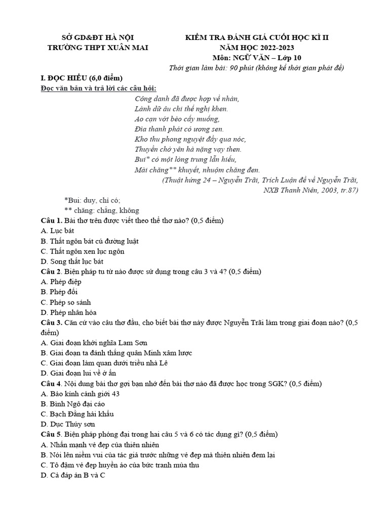 KT NG Văn 10 CK 2 | PDF