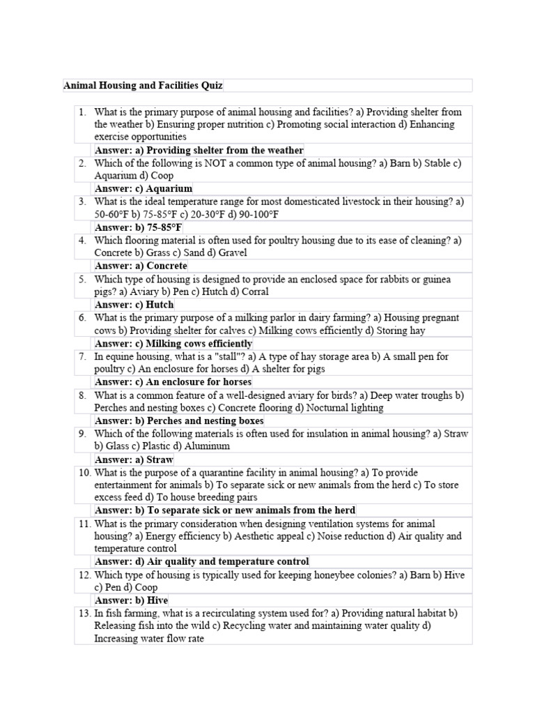 Animal Housing and Facilities Quiz | PDF | Dairy | Recycling