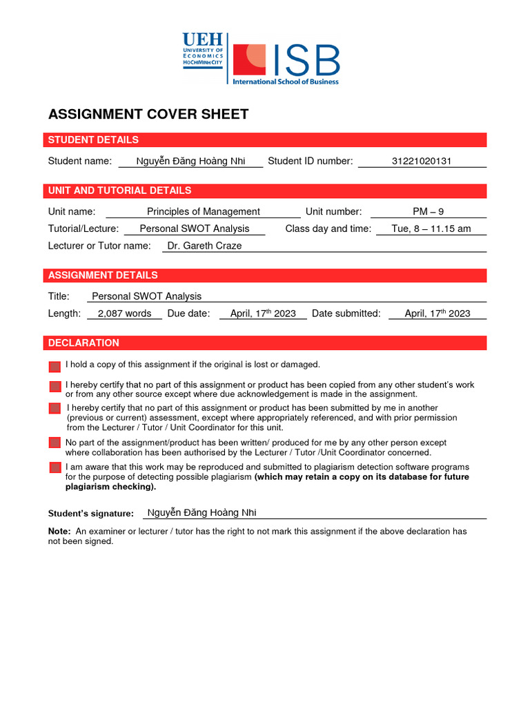 Principles of Management - Personal SWOT Analysis | PDF