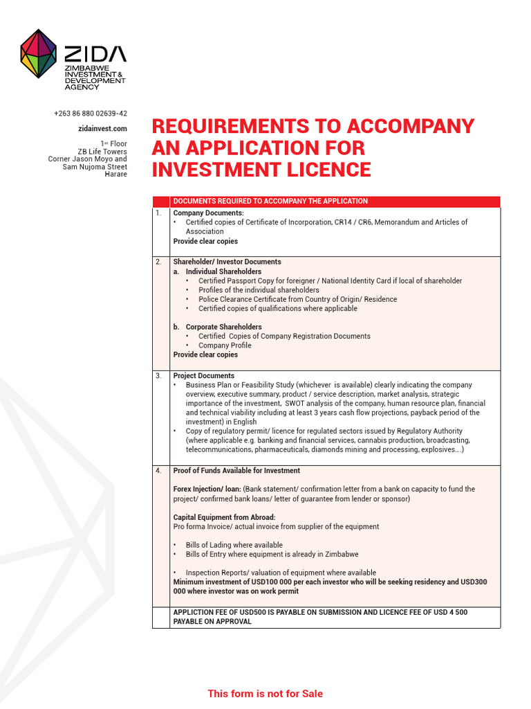 ZIDA Investment License Application Requirements | PDF | Business | Law