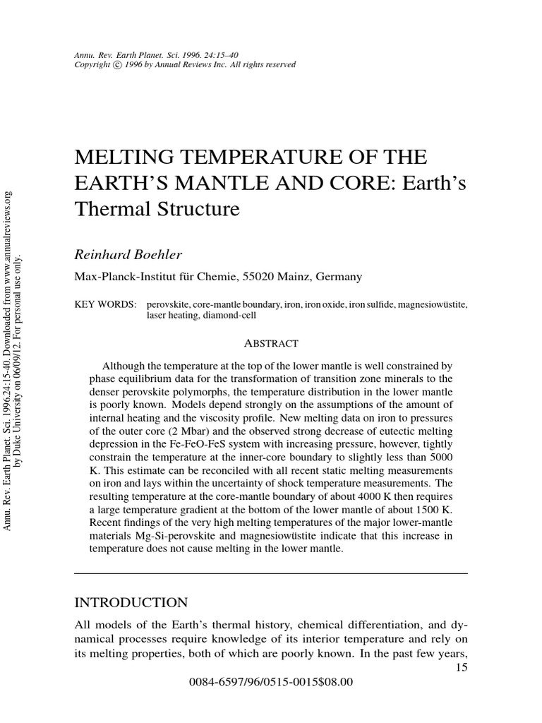 Melting Temperature Earth's Mantle and Core (1996) - Boehler | PDF ...
