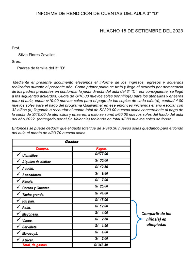 Informe de Rendición de Cuentas Del Aula 3 D | PDF