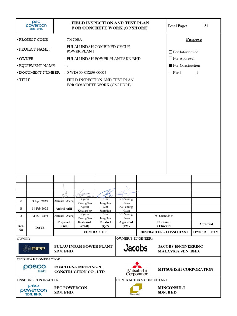 WD800-CZ250-00004 - Rev.0 FITP For Concrete Work (Onshore) | PDF ...
