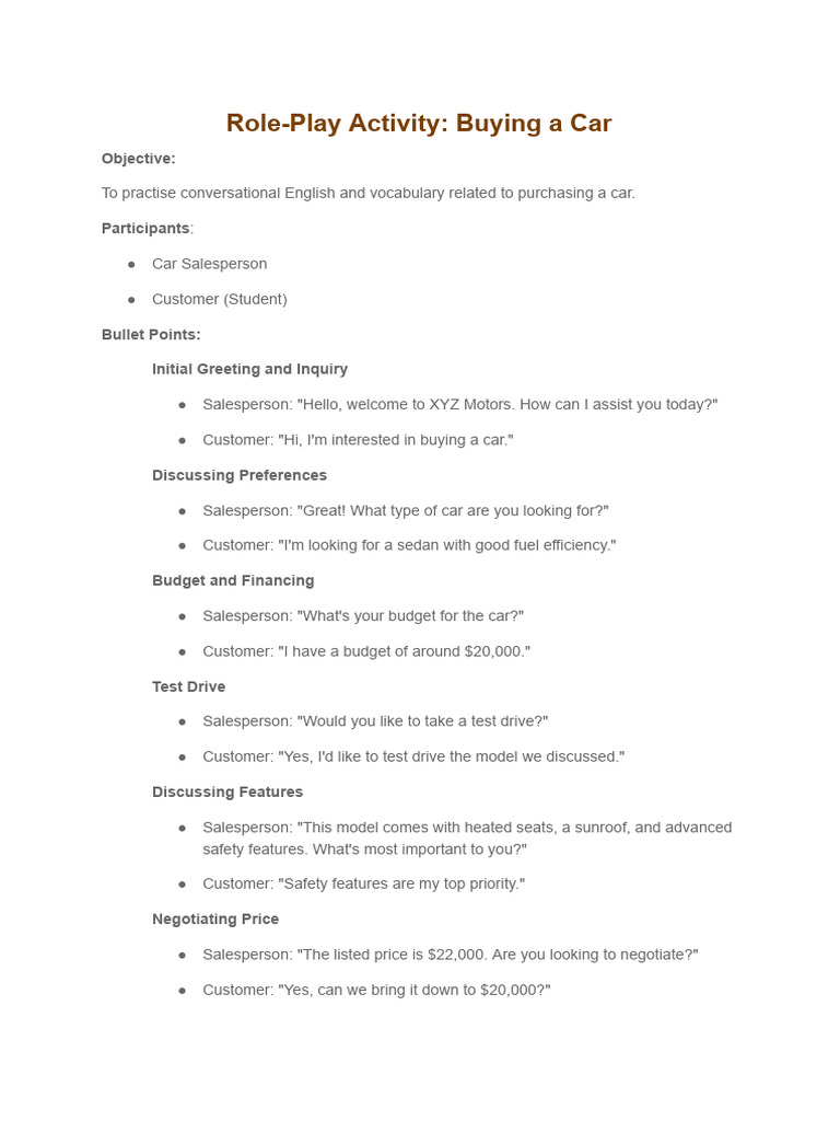 Car Buying Role-Play Activity Guide | PDF | Sales | Car