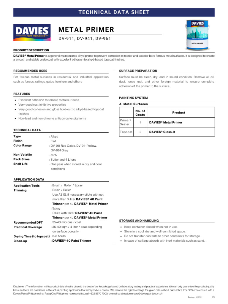 TDS-DV-DV-9X1 Metal Primer (Alkyd Based) | PDF | Paint | Materials