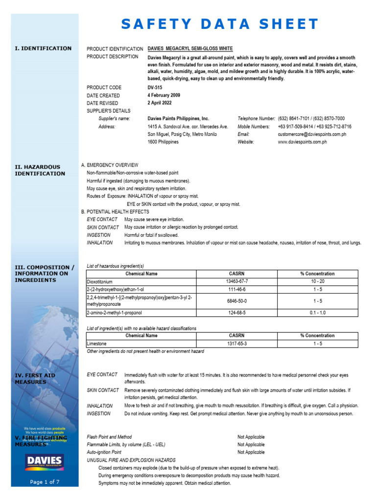 Davies 515 Megacryl Semi-Gloss White SDS | PDF