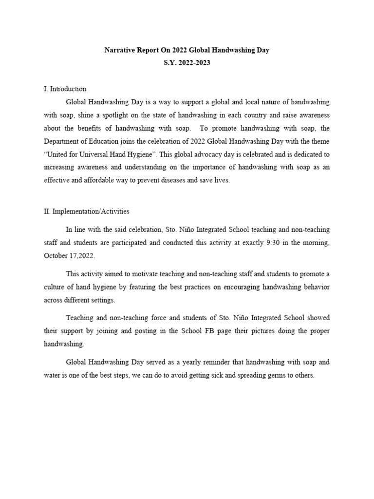 Narrative Report on 2022 Global Handwashing Day | PDF