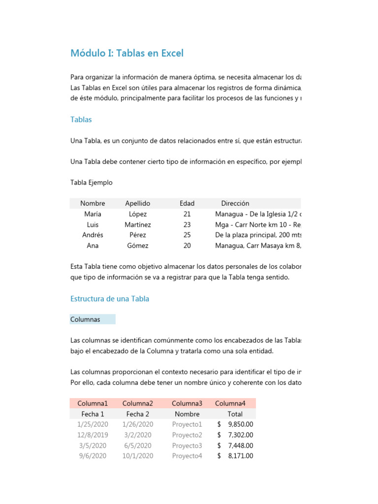 Modulo I - Tablas en Excel | PDF | Microsoft Excel | Informática