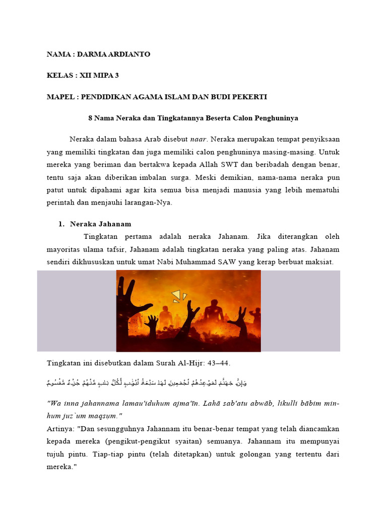 8 Nama Neraka Dan Tingkatannya Beserta Calon Penghuninya | PDF | Kajian ...