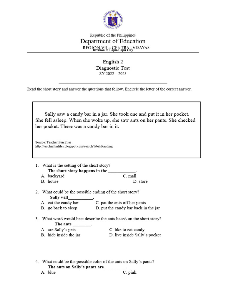 Grade 2 Diagnostic Test | PDF | Language Arts & Discipline