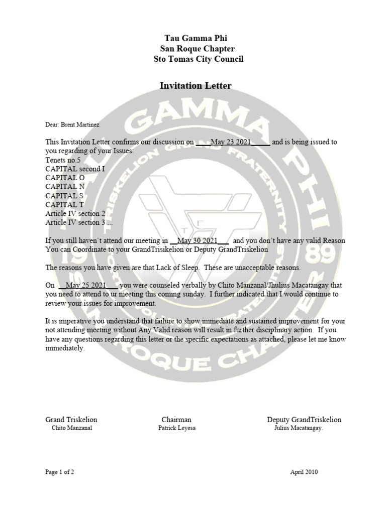 Invitation Letter: Tau Gamma Phi San Roque Chapter Sto Tomas City ...