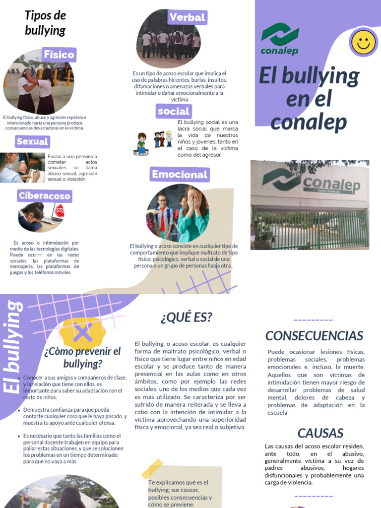 Tríptico Sobre El Bullying Acoso Escolar Creativo Morado y Amarillo ...