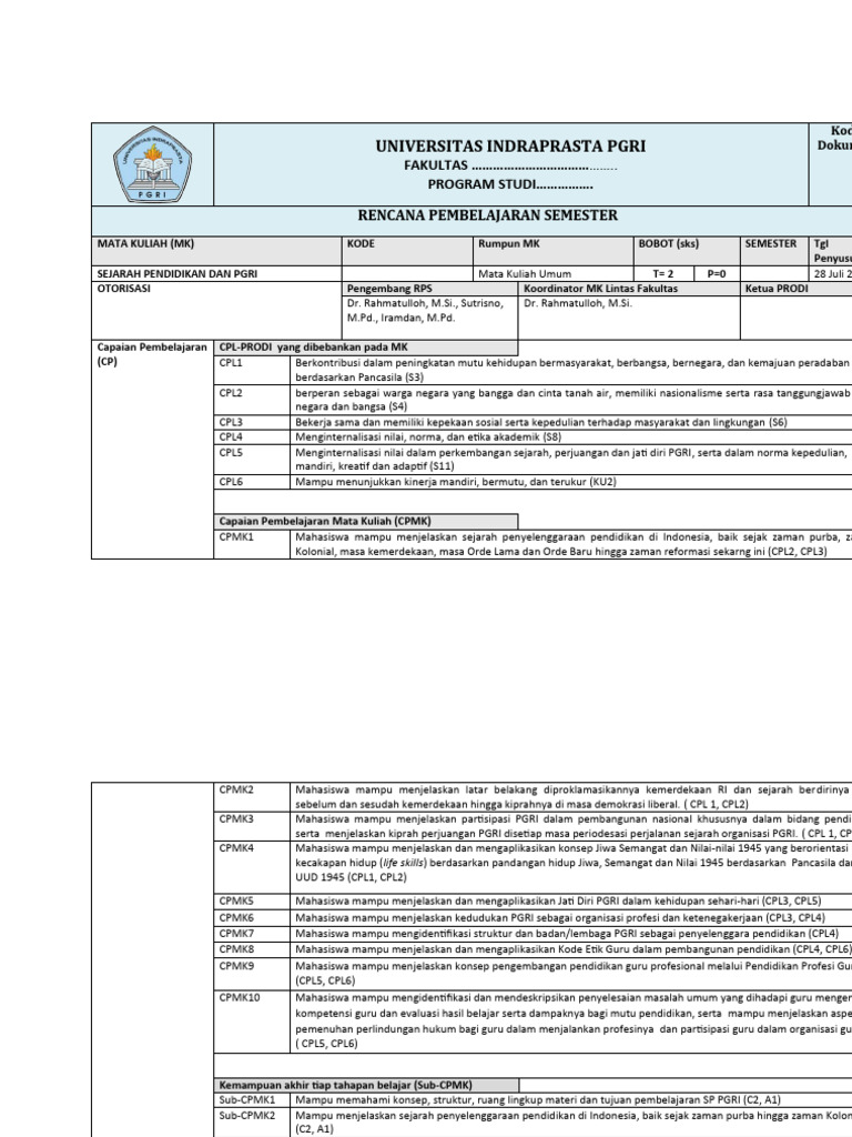 RPS Sejarah Pendidikan Dan PGRI 2023-2024 | PDF