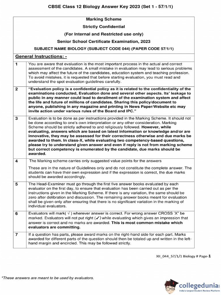 CBSE Class 12 Biology Answer Key 2023 Set 1 57 1 1 | PDF