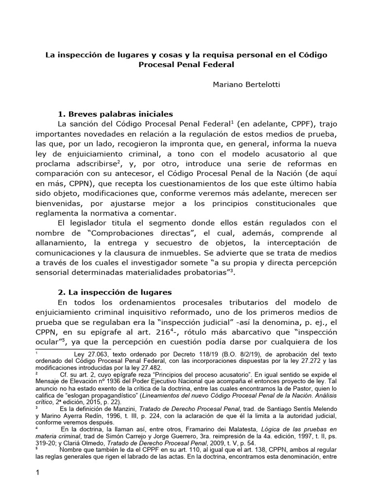 Bertelotti - Inspección y Requisa en El CPPF | PDF | Ley procesal | Policía