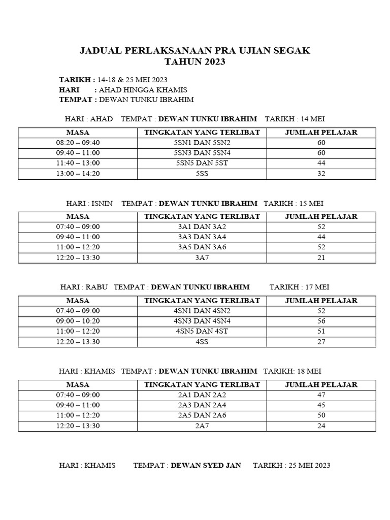 Jadual Perlaksanaan Pra Ujian Segak Tahun 2023 (Murid) | PDF
