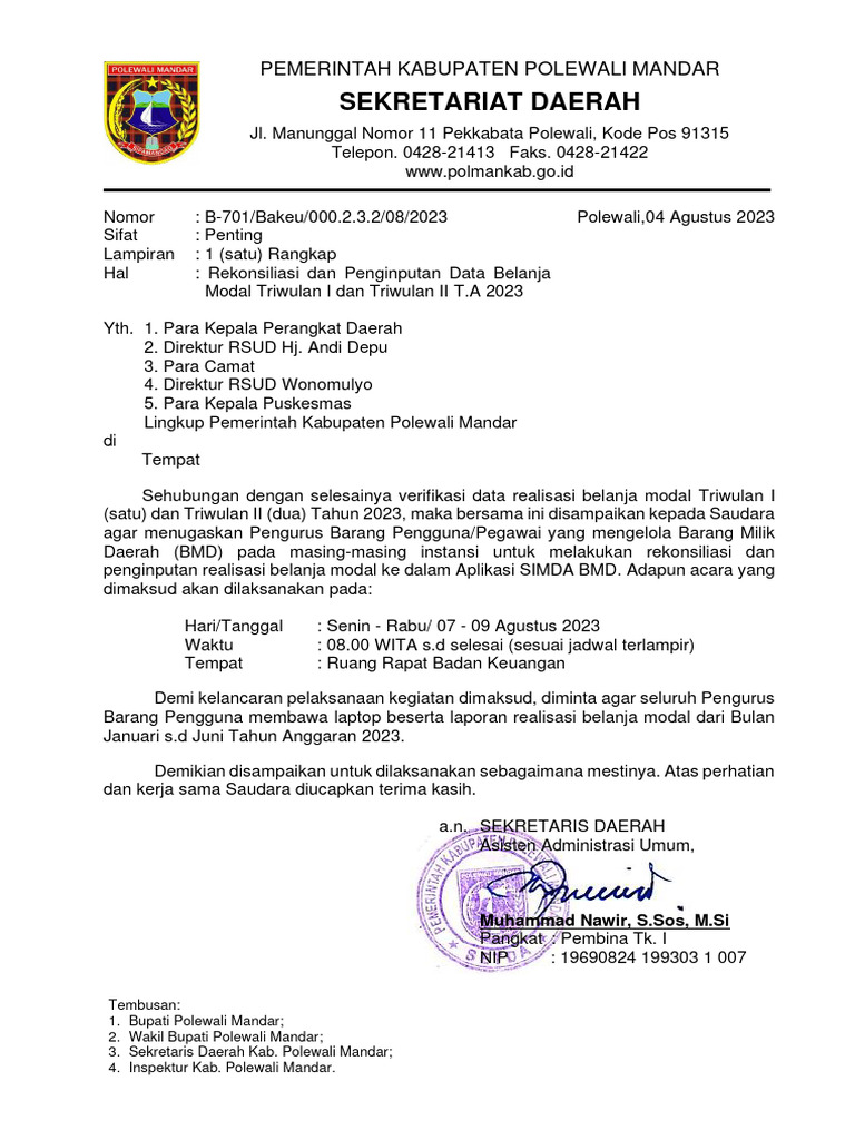 Surat Rekonsiliasi Dan Penginputan Data Belanja Modal TW I & II 7-9 Agu ...