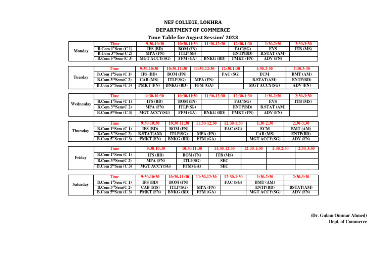 Class Time Table August 2023 | PDF