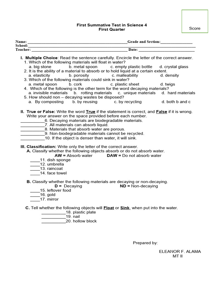 First Summative Test Science 4 2023 2024 | PDF