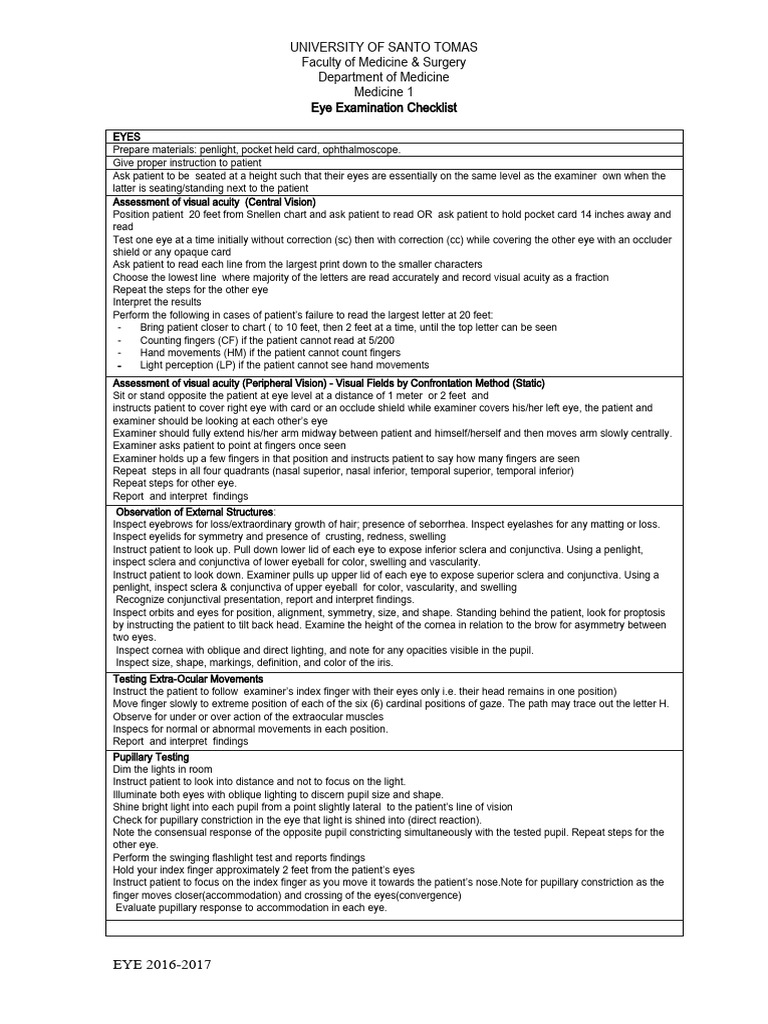 Eye Examination Checklist | PDF
