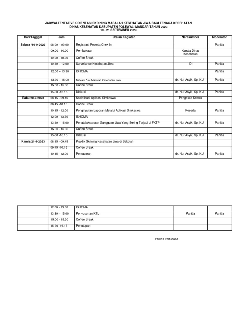 Jadwal Tentative Orientasi Skrining Masalah Kesehatan Jiwa Bagi Tenaga Kesehatan | PDF ...