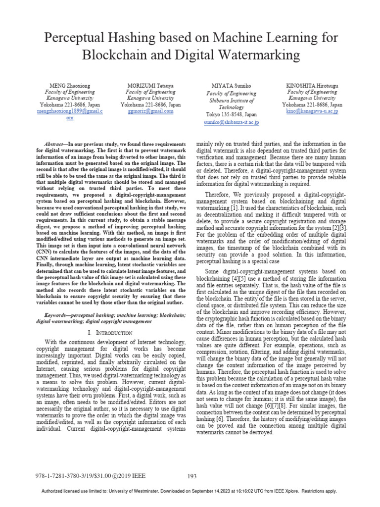 Perceptual Hashing Based on Machine Learning for Blockchain and Digital Watermarking | PDF