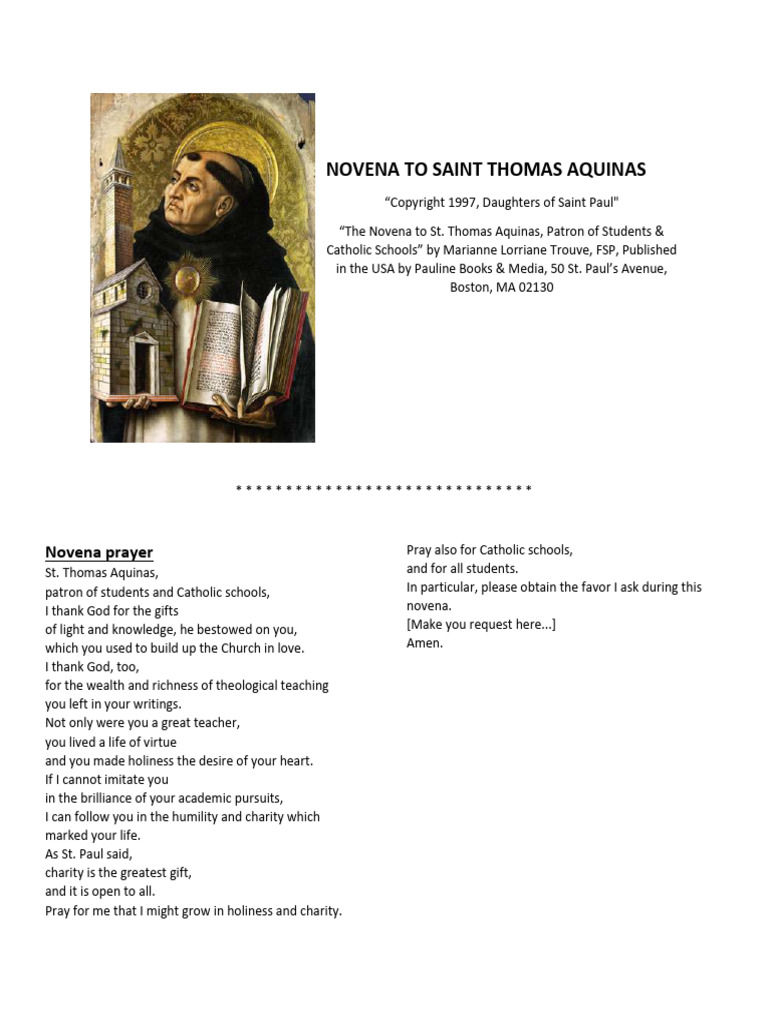 Novena To Saint Thomas Aquinas | PDF | Catholic Church | Prayer