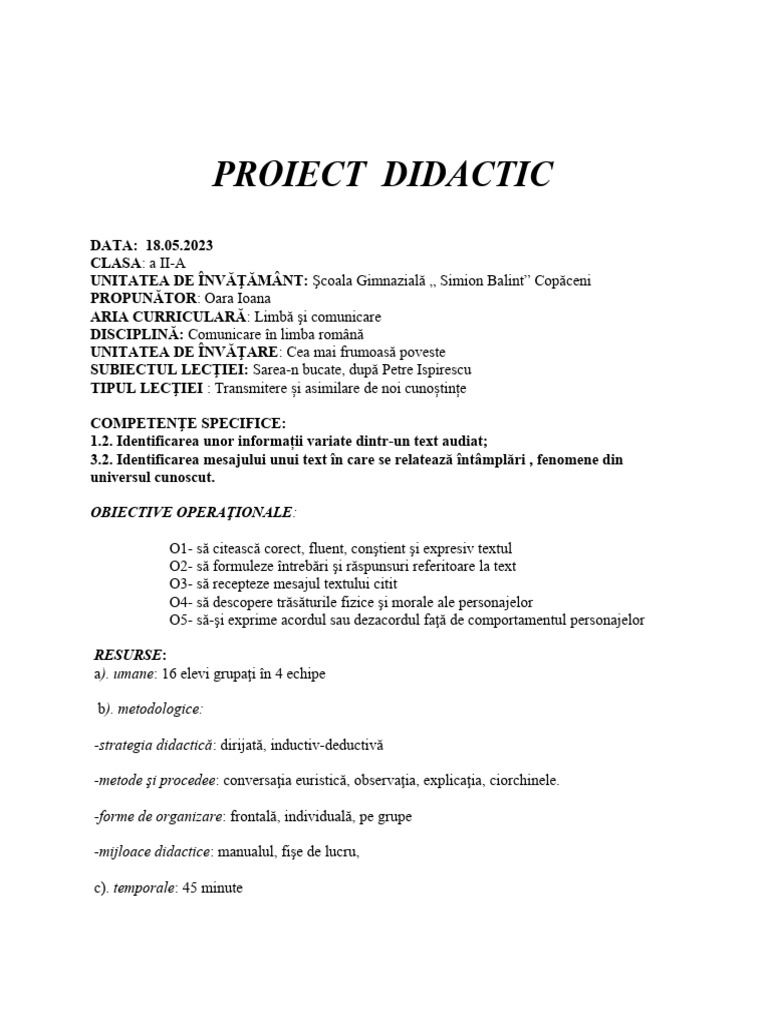 Proiect - Didactic - CLR - Sarea - in - Bucate 1 | PDF