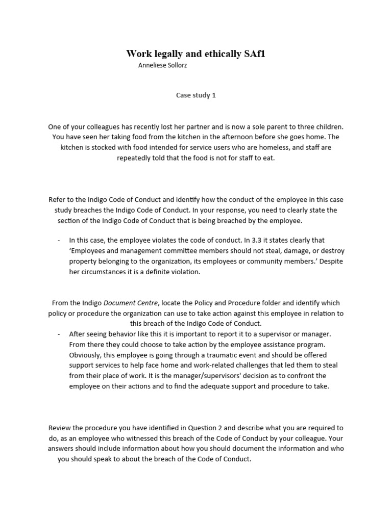 Work Legally and Ethically Saf1: Case Study 1 | PDF