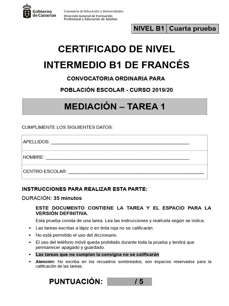 Mediacion Escrita Frances b1 Modelo | PDF