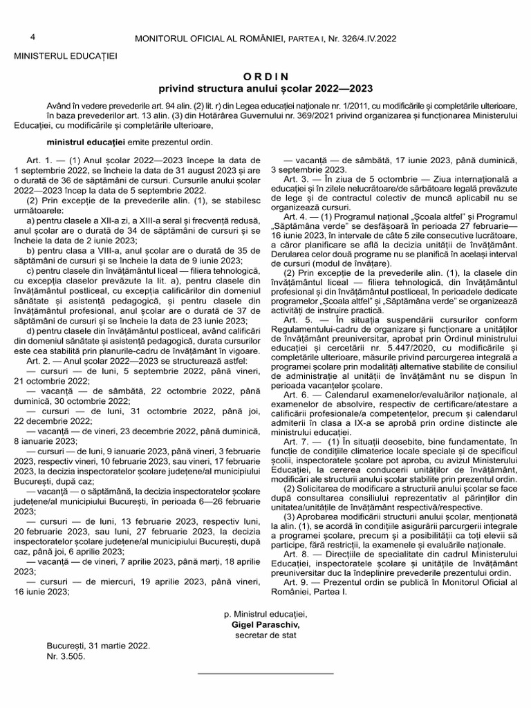 Monitorul Oficial Partea I Nr. 326 - Structura An Scolar 2022 - 2023 | PDF
