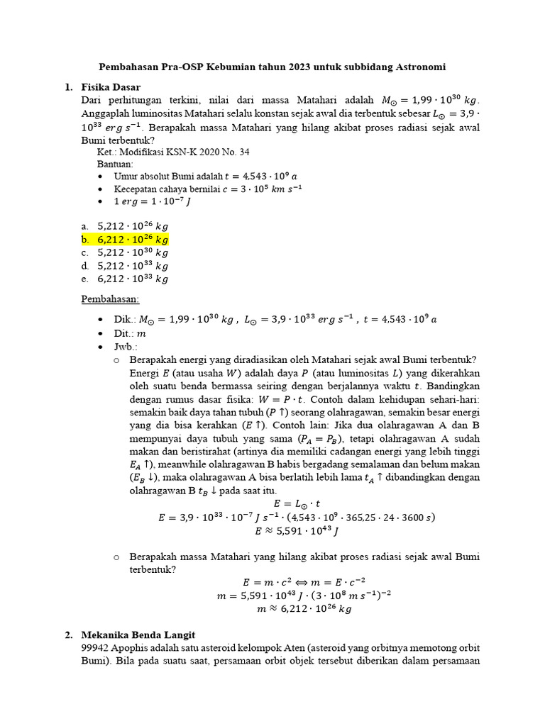 Soal Latihan Pra-OSP 2023 Kebumian - Astronomi - Dengan Pembahasan | PDF