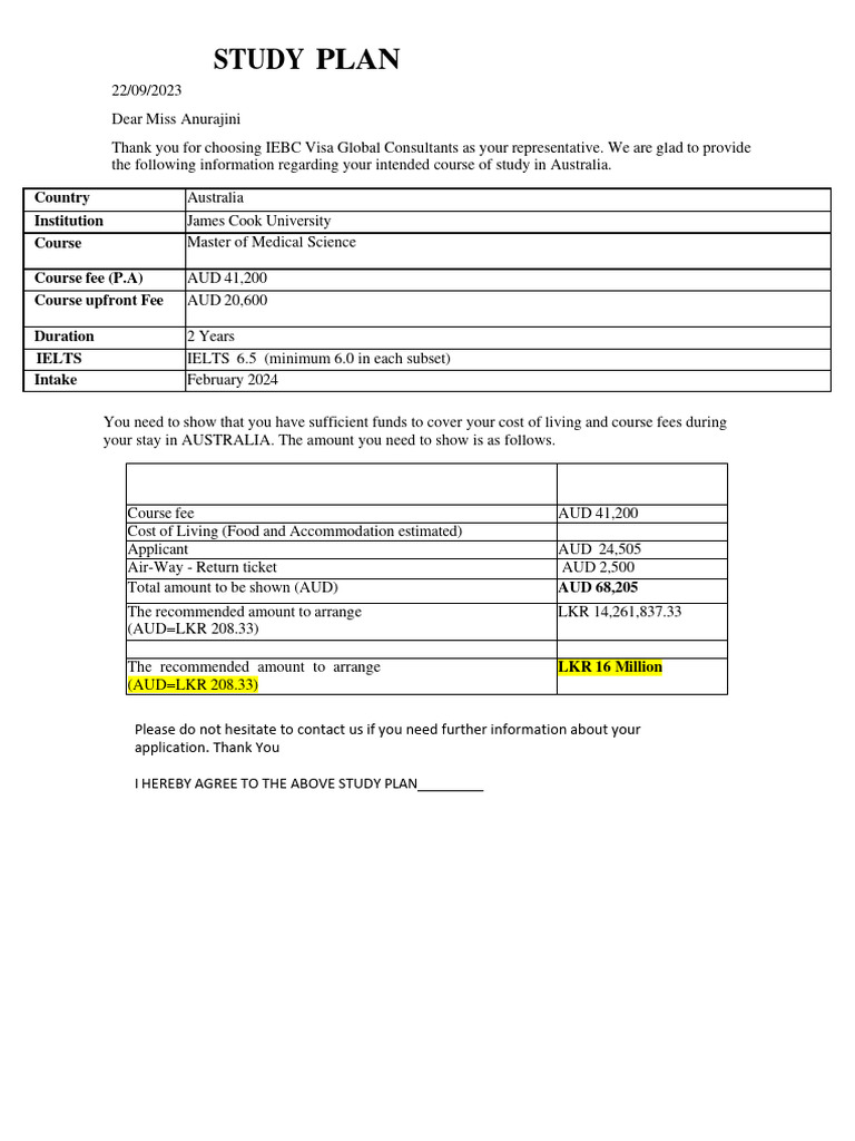 Australia Study Plan for Master’s Program | PDF