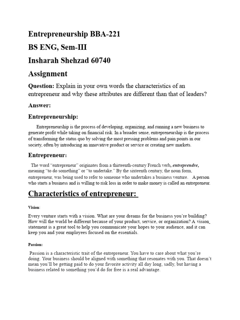 Entrepreneurship BBA | PDF
