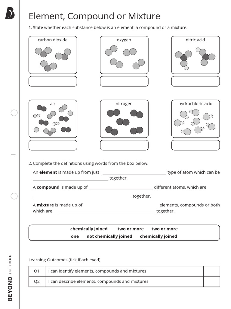 Element Compound or Mixture Homework Activity Sheet LA | PDF