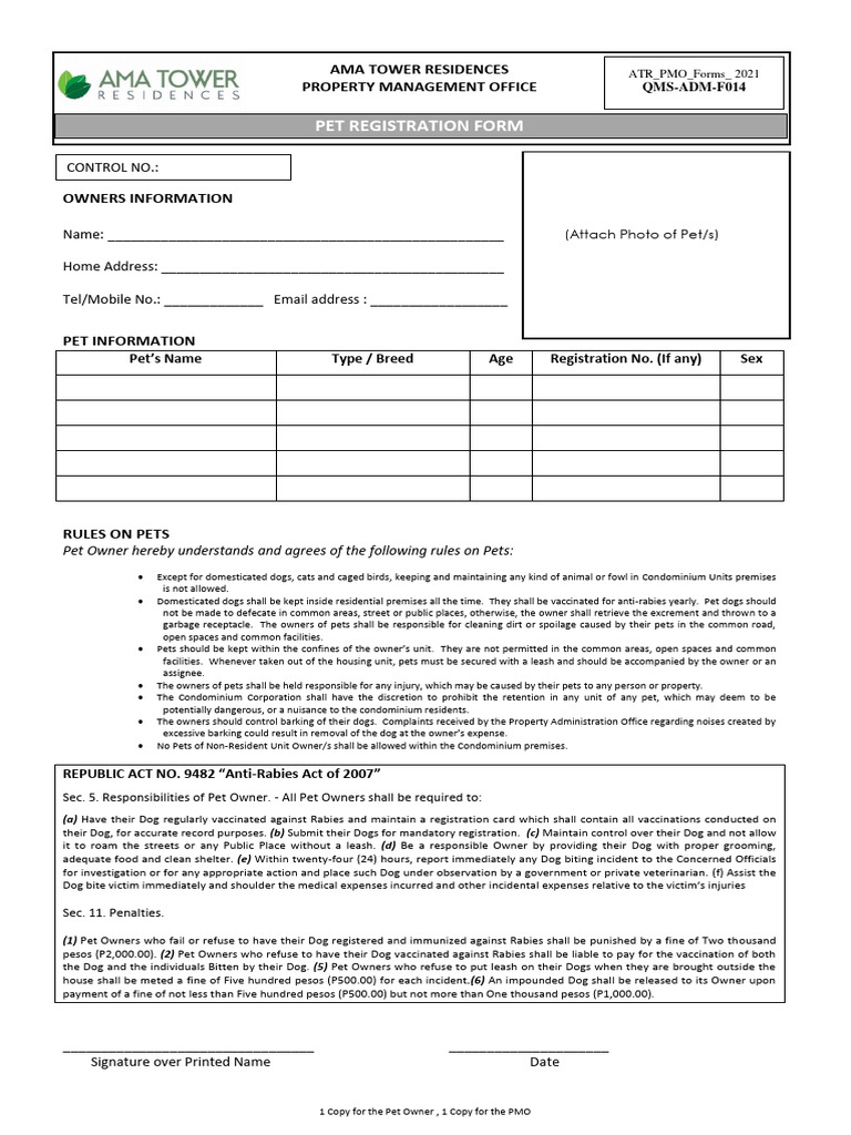 ATR_Pet Registration Form - F014 | PDF