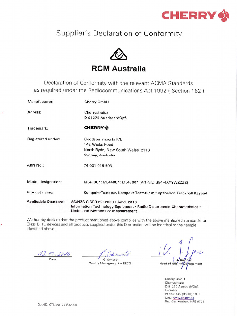 C Tick DoC-017 ML4100 ML4400ML4700 | PDF