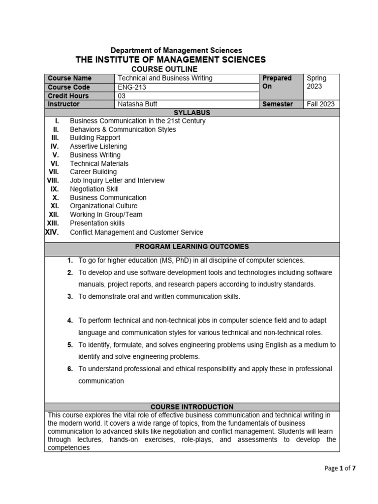 Technical and Business Writing Course Outline | PDF | Communication ...