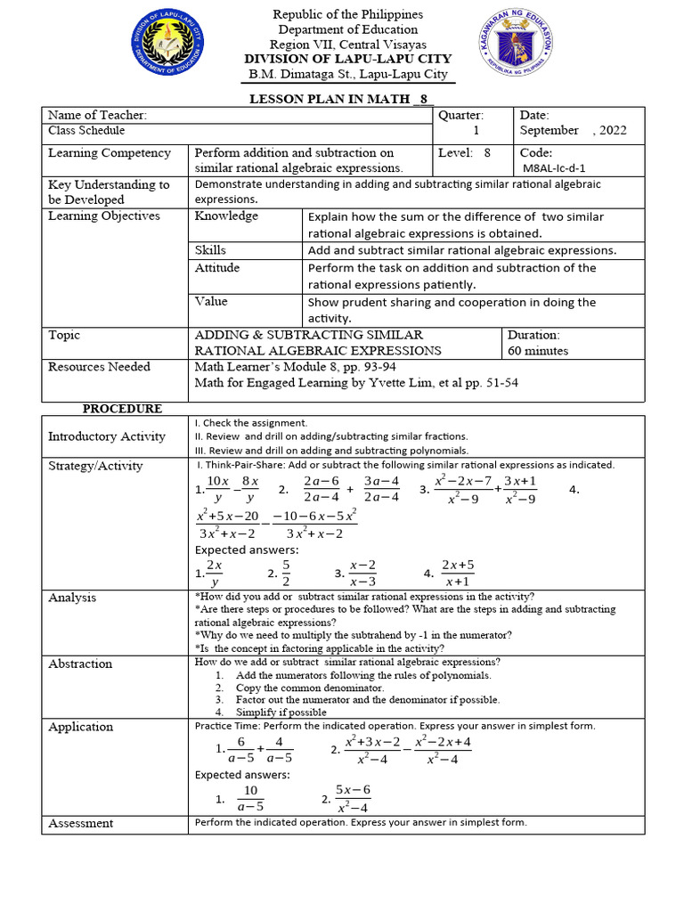 Q1 W3 L3 DLP Adding or Subtracting Similar RAEx | PDF | Subtraction | Mathematics