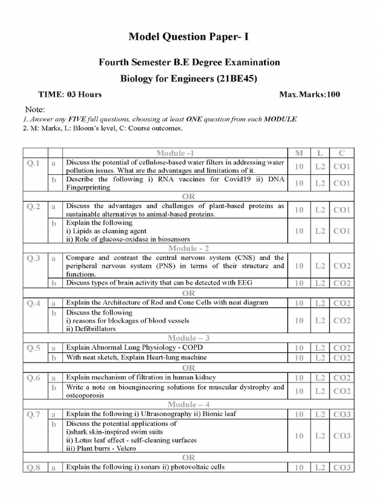 21BE45 Biology For Engineers Solution Modelqp | PDF