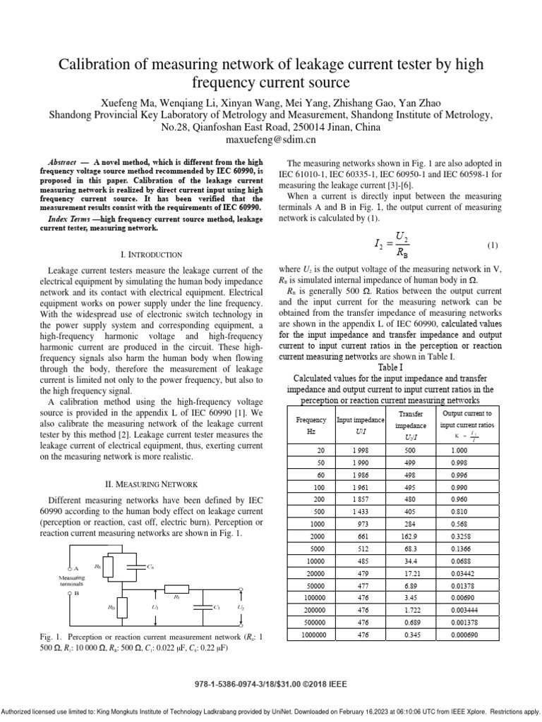 Calibration of Measuring Network of Leakage Current Tester by High ...