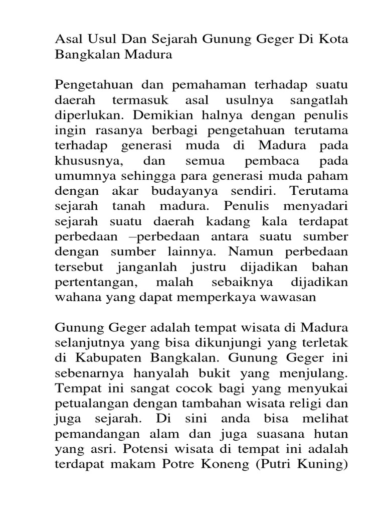 Asal Usul Dan Sejarah Gunung Geger Di Kota Bangkalan Madura | PDF