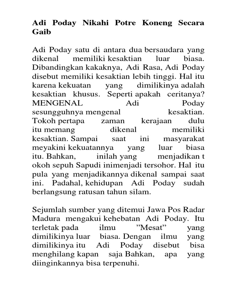 Adi Poday Nikahi Potre Koneng Secara Gaib | PDF