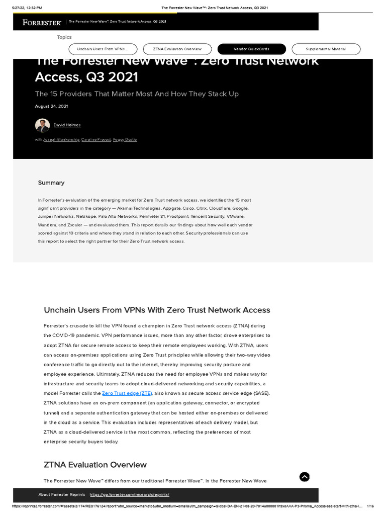 The Forrester New Wave™ - Zero Trust Network Access, Q3 2021 | PDF